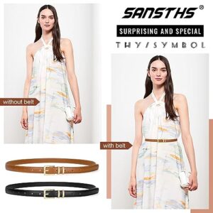 SANSTHS 2 Pack Women Thin Skinny Faux Leather Belt Waist Belt with Metal Pin Buckle for Dress Jeans, Black Brown M