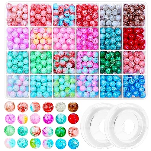 Audab 600pcs 8mm Glass Beads for Jewelry Making and Bracelet Making, 24 Colors Marble Beads Crystal Pattern Beads Stone Beads Round Gemstone Beads for Jewelry Making