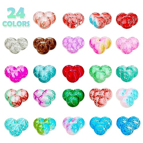 Audab 600pcs 8mm Glass Beads for Jewelry Making and Bracelet Making, 24 Colors Marble Beads Crystal Pattern Beads Stone Beads Round Gemstone Beads for Jewelry Making