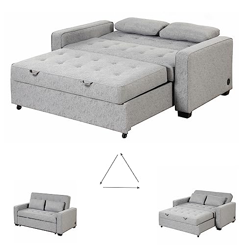 Gynsseh Pull Out Sofa Sleeper, 3 in 1 Convertible Sleeper Bed with Dual USB Ports and 2 Pillows, Linen Upholstered Adjustable Loveseat Couch for Living Room (Light Gray),Full Size