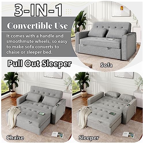 Gynsseh Pull Out Sofa Sleeper, 3 in 1 Convertible Sleeper Bed with Dual USB Ports and 2 Pillows, Linen Upholstered Adjustable Loveseat Couch for Living Room (Light Gray),Full Size