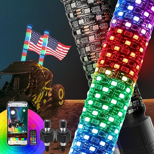 CO LIGHT Fat Spiral LED Whip Lights Thick Antenna 2FT Remote Control RGB Chasing/Dancing Light for UTV ATV 2PCS, APP-Supported 300 Colors & 200 Modes with Turn Signal, Brake Light, Reversing Light