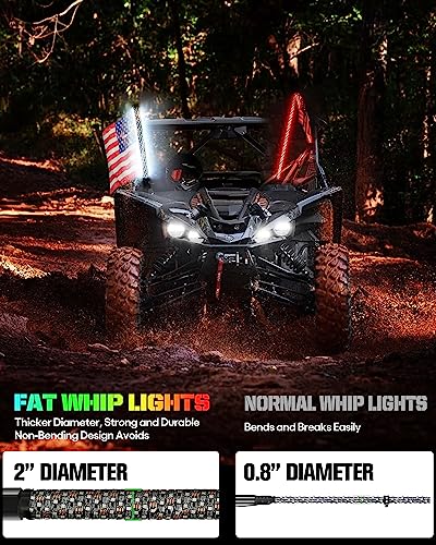 CO LIGHT Fat Spiral LED Whip Lights Thick Antenna 2FT Remote Control RGB Chasing/Dancing Light for UTV ATV 2PCS, APP-Supported 300 Colors & 200 Modes with Turn Signal, Brake Light, Reversing Light