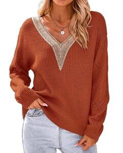 kirundo women’s 2023 fall casual crochet long sleeve lace v neck ribbed knit pullover sweater tops rust red