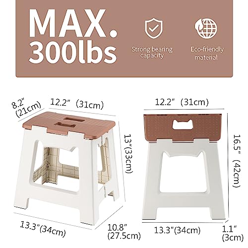 M Crumt 13'' Folding Step Stool for Adults and Kids Hold Up to 300 LB Non-Slip Folding Stools with Portable Handle Compact Collapsible Lightweight Foldable Step Stools for Kitchen, Bathroom(Khaki)