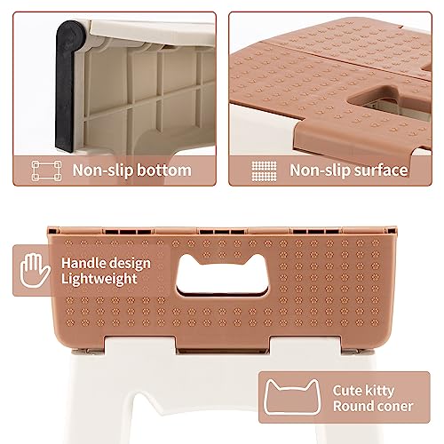 M Crumt 13'' Folding Step Stool for Adults and Kids Hold Up to 300 LB Non-Slip Folding Stools with Portable Handle Compact Collapsible Lightweight Foldable Step Stools for Kitchen, Bathroom(Khaki)