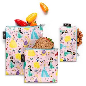 simple modern disney reusable snack bags for kids | food safe, bpa free, phthalate free, polyester zip pouches | washable & refillable sandwich bag | ellie collection | 3 pack | princess rainbow