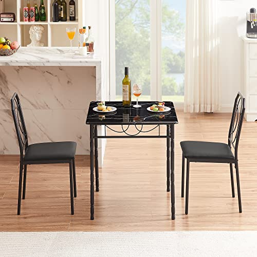 VECELO 3 Pieces Sets,43.3" Table&Chairs for 2,Industrial Counter Height Tabletop with Bar Stools, Rectangle Breakfast Table and Chairs for Dining, Living Room, Apartment, Black