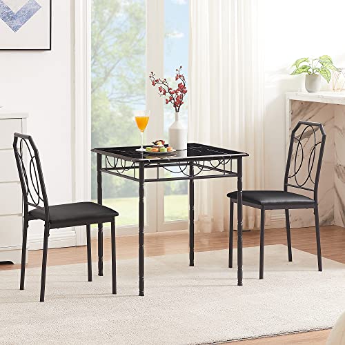 VECELO 3 Pieces Sets,43.3" Table&Chairs for 2,Industrial Counter Height Tabletop with Bar Stools, Rectangle Breakfast Table and Chairs for Dining, Living Room, Apartment, Black