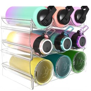 plastic water bottle organizer and wine rack storage holder,3 tier 9 containers stackable free-standing bottle storage rack for kitchen countertops, table top, pantry, bars, cabinets, fridge - clear