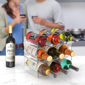 Plastic Water Bottle Organizer and Wine Rack Storage Holder,3 Tier 9 Containers Stackable Free-Standing Bottle Storage Rack for Kitchen Countertops, Table Top, Pantry, Bars, Cabinets, Fridge - Clear