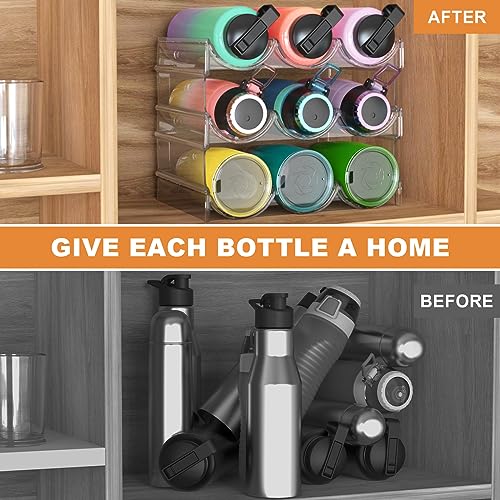 Plastic Water Bottle Organizer and Wine Rack Storage Holder,3 Tier 9 Containers Stackable Free-Standing Bottle Storage Rack for Kitchen Countertops, Table Top, Pantry, Bars, Cabinets, Fridge - Clear