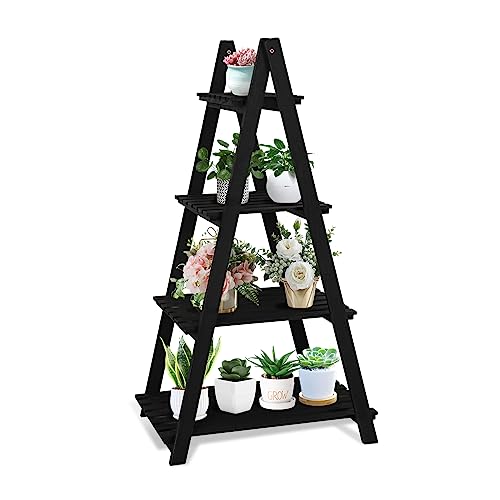 Babion 4-Tier Ladder Shelf, Bookshelf for Small Spaces, Wooden Ladder Bookcase, Storage Rack, Plant Stand Floor Freestanding, Flowerpot Storage Shelf (Black)