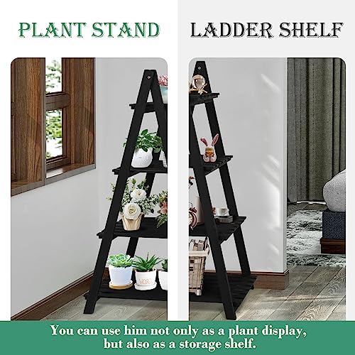 Babion 4-Tier Ladder Shelf, Bookshelf for Small Spaces, Wooden Ladder Bookcase, Storage Rack, Plant Stand Floor Freestanding, Flowerpot Storage Shelf (Black)