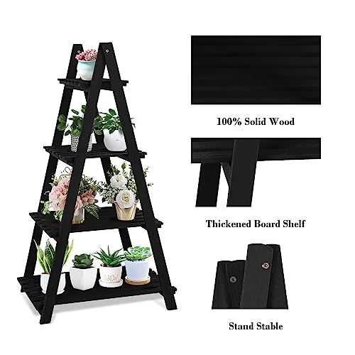 Babion 4-Tier Ladder Shelf, Bookshelf for Small Spaces, Wooden Ladder Bookcase, Storage Rack, Plant Stand Floor Freestanding, Flowerpot Storage Shelf (Black)