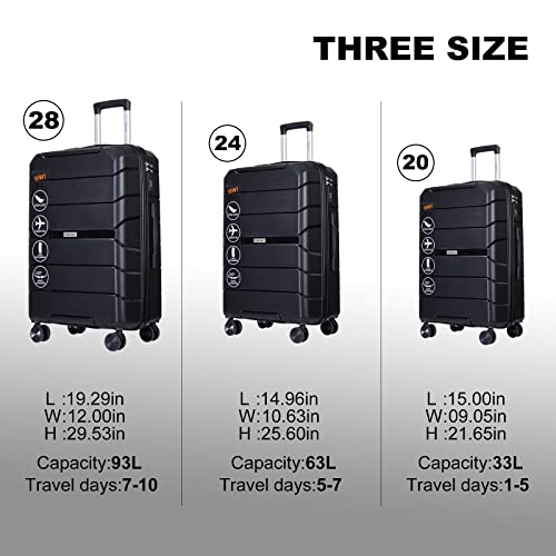 Travelhouse Luggage Sets, Lightweigh Hardside Suitcases with Double Spinner Wheels,TSA Lock, 3 Piece Set 20"/24"/28" (Black-31)