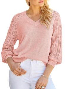 dokotoo plus size cute sweaters for women fashion 2023 winter fall v neck sweater long sleeve solid hollow out plain casual loose oversized chunky knit pullover sweaters jumper tops pink x-large