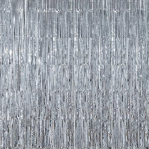 4 Pack 3.2x8.2ft Tinsel Foil Fringe Curtains, Streamers Backdrop Curtains with Adhesive, Photo Booth Background - Home Wall Window Decorations for Birthday, Wedding Party Decor, Silver