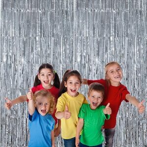 4 Pack 3.2x8.2ft Tinsel Foil Fringe Curtains, Streamers Backdrop Curtains with Adhesive, Photo Booth Background - Home Wall Window Decorations for Birthday, Wedding Party Decor, Silver