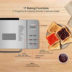 Automatic Bread Machine 3D Automatic Turning Breadmaker Professional Non-stick Family Bread Maker with Smart Fruit Nuts Dispenser, 17 Progammes, 15 Hours Timing