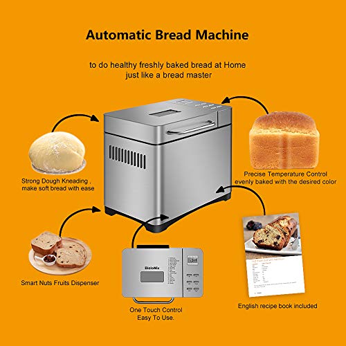 Automatic Bread Machine 3D Automatic Turning Breadmaker Professional Non-stick Family Bread Maker with Smart Fruit Nuts Dispenser, 17 Progammes, 15 Hours Timing