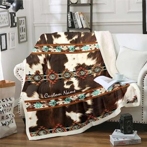 custom name cowhide fleece blanket brown highland cow print blanket 50"x60",western throw blanket exotic aztec bed blanket,farmhouse wild animals longhorn skin sofa decor cowboys gifts for men