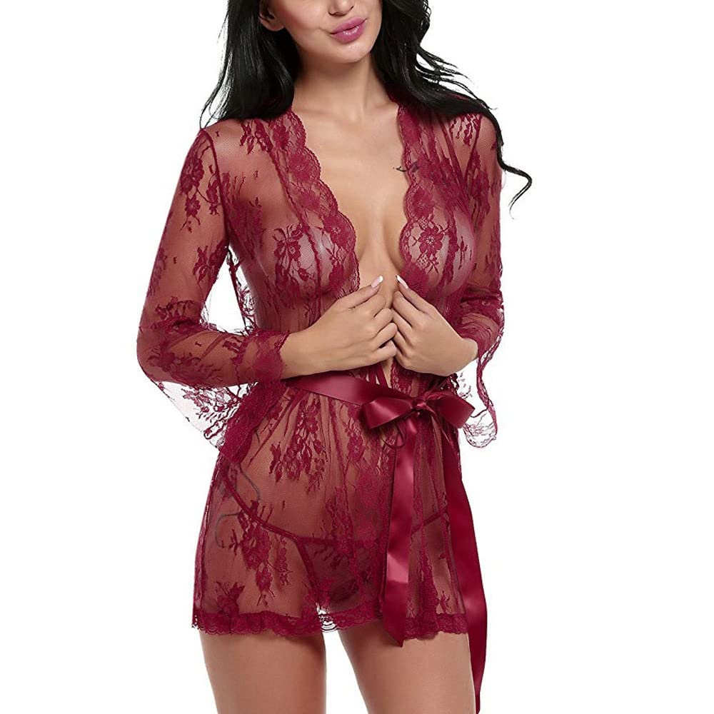 Qopobobo Sexy Lengerie for Women Naughty Women's Lace Kimono Robe Long Sleeve Lingerie Nightgown Mesh Dress with Belt