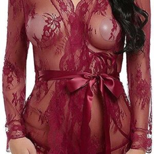 Qopobobo Sexy Lengerie for Women Naughty Women's Lace Kimono Robe Long Sleeve Lingerie Nightgown Mesh Dress with Belt