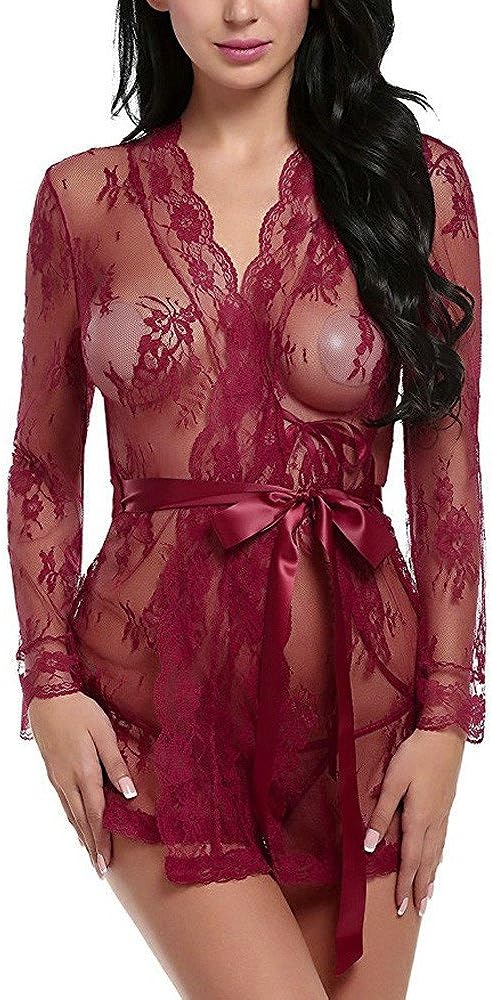 Qopobobo Sexy Lengerie for Women Naughty Women's Lace Kimono Robe Long Sleeve Lingerie Nightgown Mesh Dress with Belt