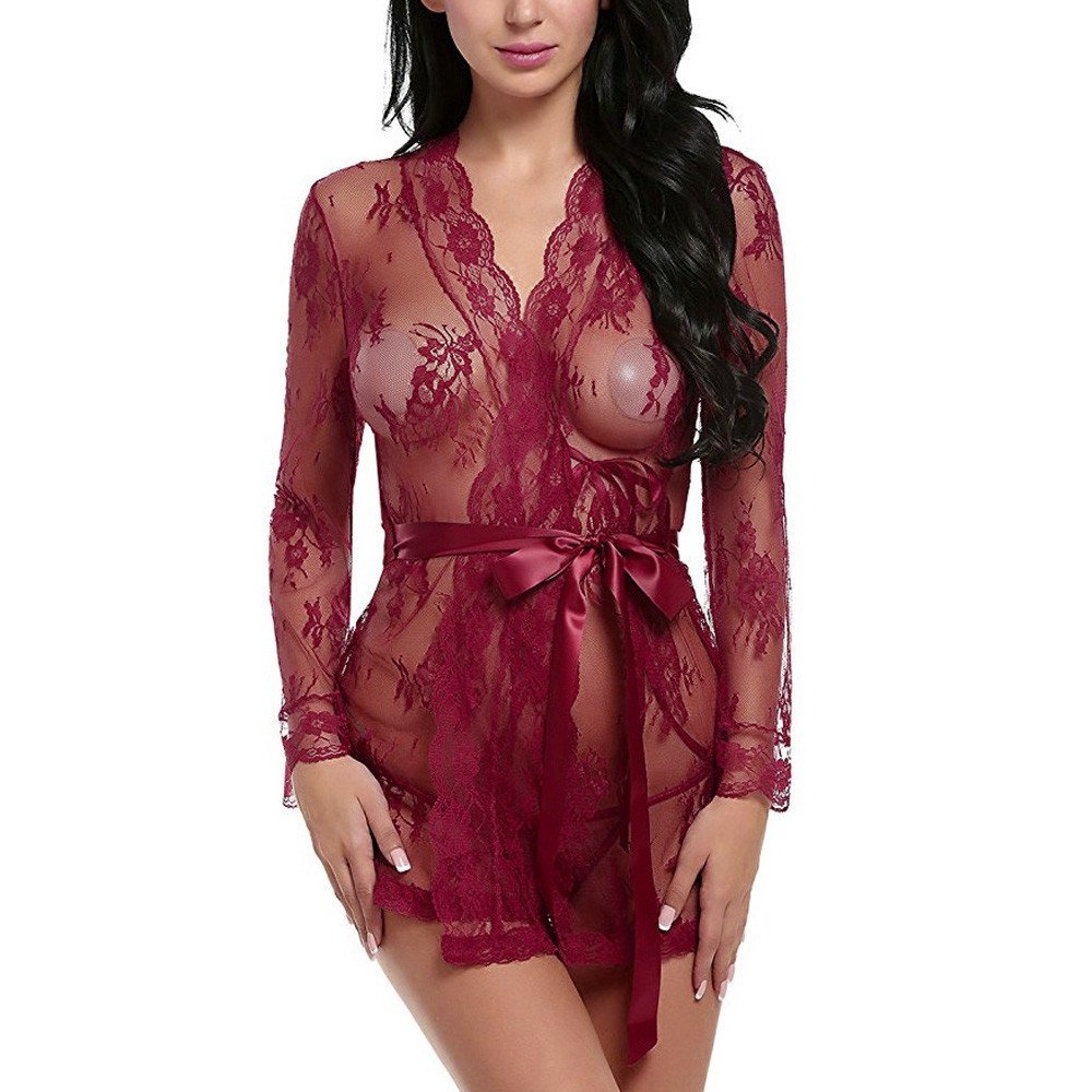 Qopobobo Sexy Lengerie for Women Naughty Women's Lace Kimono Robe Long Sleeve Lingerie Nightgown Mesh Dress with Belt