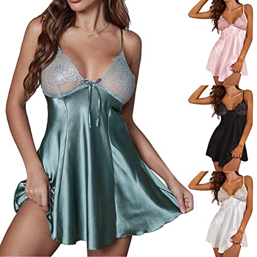 Qopobobo Sexy Lengerie for Women Naughty Lace Deep V Neck Nightwear Satin Sleepwear Babydoll Lace Chemise Mini Teddy Black