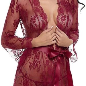 Qopobobo Sexy Lengerie for Women Naughty Women's Lace Kimono Robe Long Sleeve Lingerie Nightgown Mesh Dress with Belt