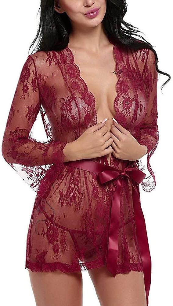 Qopobobo Sexy Lengerie for Women Naughty Women's Lace Kimono Robe Long Sleeve Lingerie Nightgown Mesh Dress with Belt