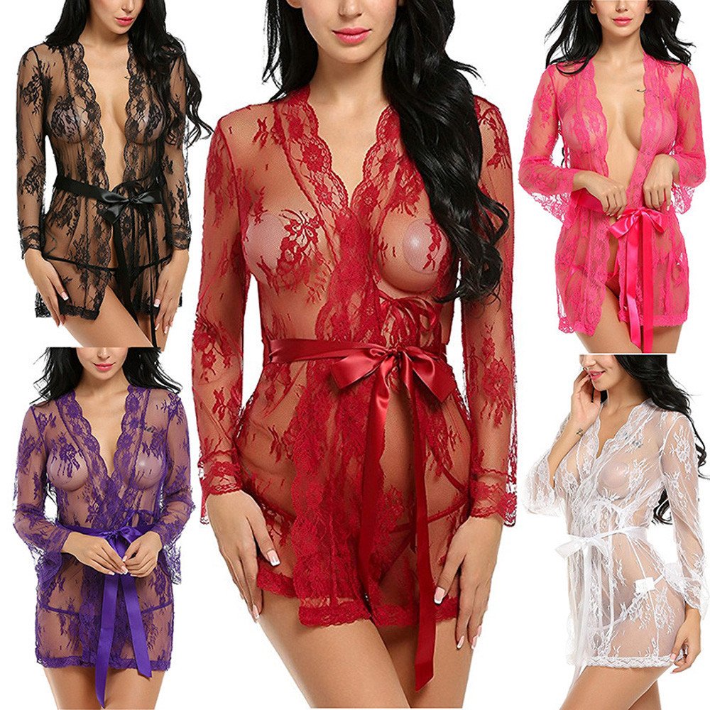 Qopobobo Sexy Lengerie for Women Naughty Women's Lace Kimono Robe Long Sleeve Lingerie Nightgown Mesh Dress with Belt