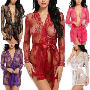 Qopobobo Sexy Lengerie for Women Naughty Women's Lace Kimono Robe Long Sleeve Lingerie Nightgown Mesh Dress with Belt