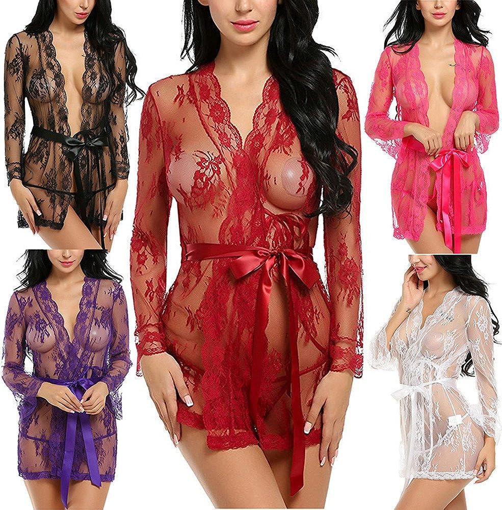 Qopobobo Sexy Lengerie for Women Naughty Women's Lace Kimono Robe Long Sleeve Lingerie Nightgown Mesh Dress with Belt