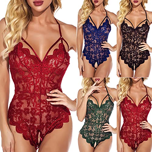 Qopobobo Sexy Lengerie for Women Naughty Women One Piece Lingerie Deep V Teddy Sexy Lace Hollow Bodysuit Halter Roleplay Green