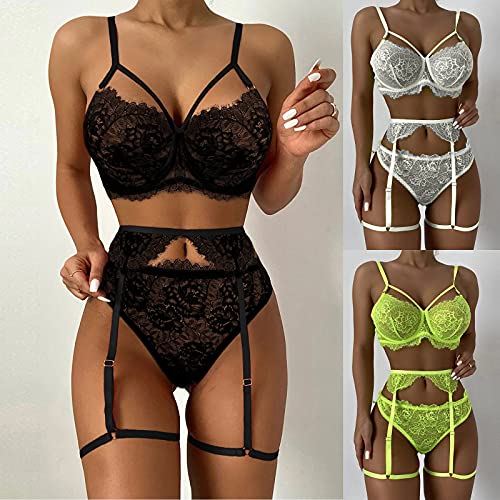 Qopobobo Sexy Lengerie for Women Naughty Lace Garter Lingerie Set with 3pcs Removable Choker Strappy Bra and Panty Set Black