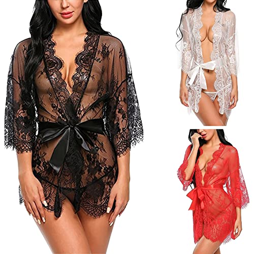 Qopobobo Sexy Lengerie for Women Naughty Women's Lace Kimono Robe Long Sleeve Mesh Lingerie Nightgown Dress with Belt