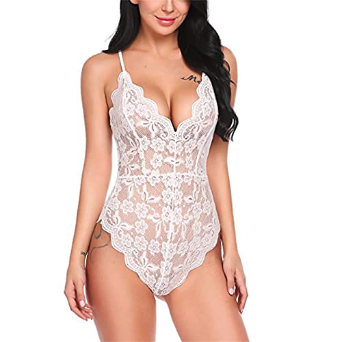 Qopobobo Sexy Lengerie for Women Naughty Women One Piece Lingerie Deep V Teddy Sexy Lace Hollow Bodysuit Halter Sleepwear White