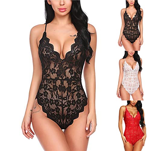 Qopobobo Sexy Lengerie for Women Naughty Women One Piece Lingerie Deep V Teddy Sexy Lace Hollow Bodysuit Halter Sleepwear White