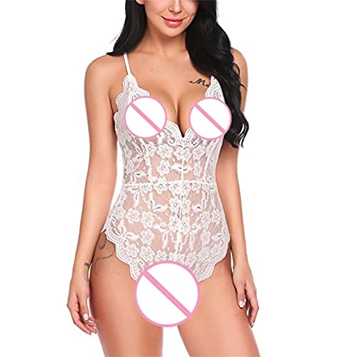 Qopobobo Sexy Lengerie for Women Naughty Women One Piece Lingerie Deep V Teddy Sexy Lace Hollow Bodysuit Halter Sleepwear White