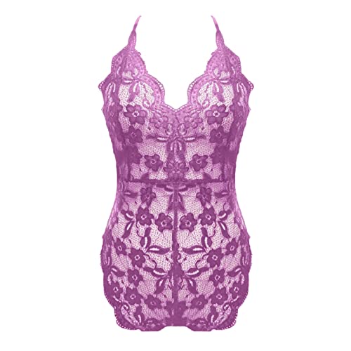 Qopobobo Sexy Lengerie for Women Naughty Women One Piece Lingerie Deep V Teddy Lace Bodysuit Hollow Sexy Halter Sleepwear Purple