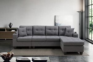 biadnbz reversible sectional chaise lounge and cupholders, modern l-shaped-couch corner-sofas set w/2 pillows for small space living room, grey