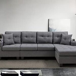 BIADNBZ Reversible Sectional Chaise Lounge and Cupholders, Modern L-Shaped-Couch Corner-Sofas Set w/2 Pillows for Small Space Living Room, Grey