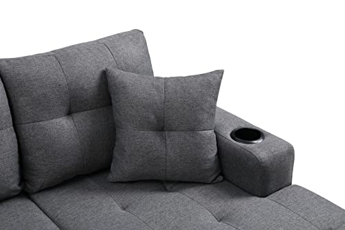 BIADNBZ Reversible Sectional Chaise Lounge and Cupholders, Modern L-Shaped-Couch Corner-Sofas Set w/2 Pillows for Small Space Living Room, Grey