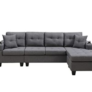 BIADNBZ Reversible Sectional Chaise Lounge and Cupholders, Modern L-Shaped-Couch Corner-Sofas Set w/2 Pillows for Small Space Living Room, Grey