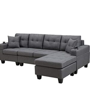 BIADNBZ Reversible Sectional Chaise Lounge and Cupholders, Modern L-Shaped-Couch Corner-Sofas Set w/2 Pillows for Small Space Living Room, Grey