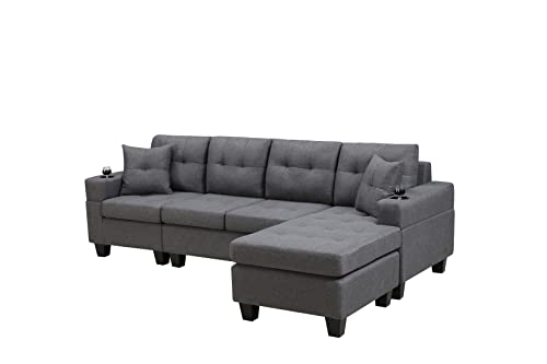 BIADNBZ Reversible Sectional Chaise Lounge and Cupholders, Modern L-Shaped-Couch Corner-Sofas Set w/2 Pillows for Small Space Living Room, Grey