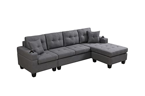 BIADNBZ Reversible Sectional Chaise Lounge and Cupholders, Modern L-Shaped-Couch Corner-Sofas Set w/2 Pillows for Small Space Living Room, Grey